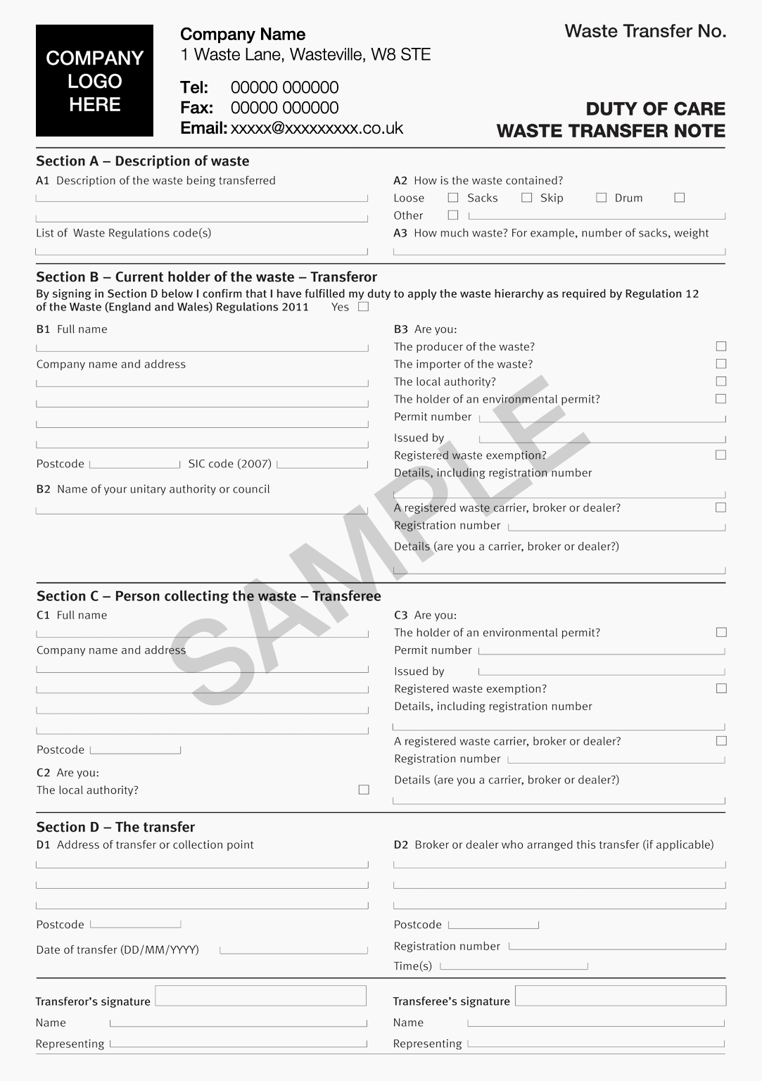 Custom Waste Transfer Notes | NCR Printing | NCR Pads Ltd