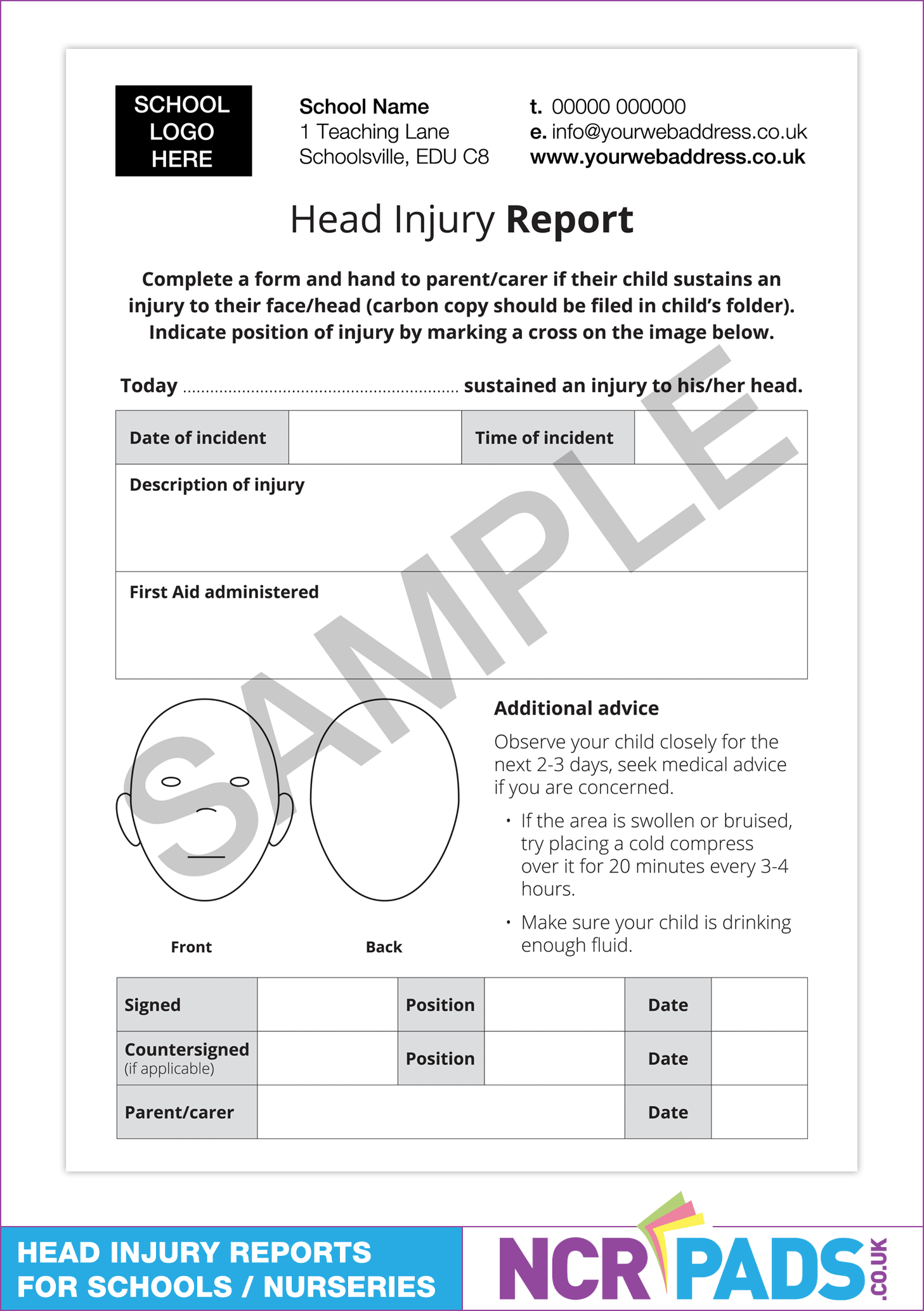 Head Injury Reports for Schools / Nurseries - NCR Printing | NCR Pads Ltd