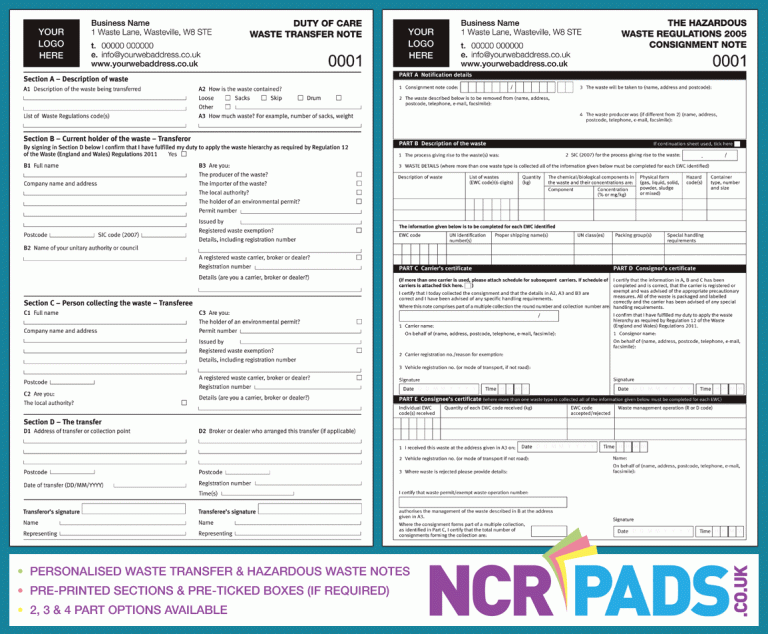 Duty of Care Waste Transfer Notes & Hazardous Waste Consignment Notes