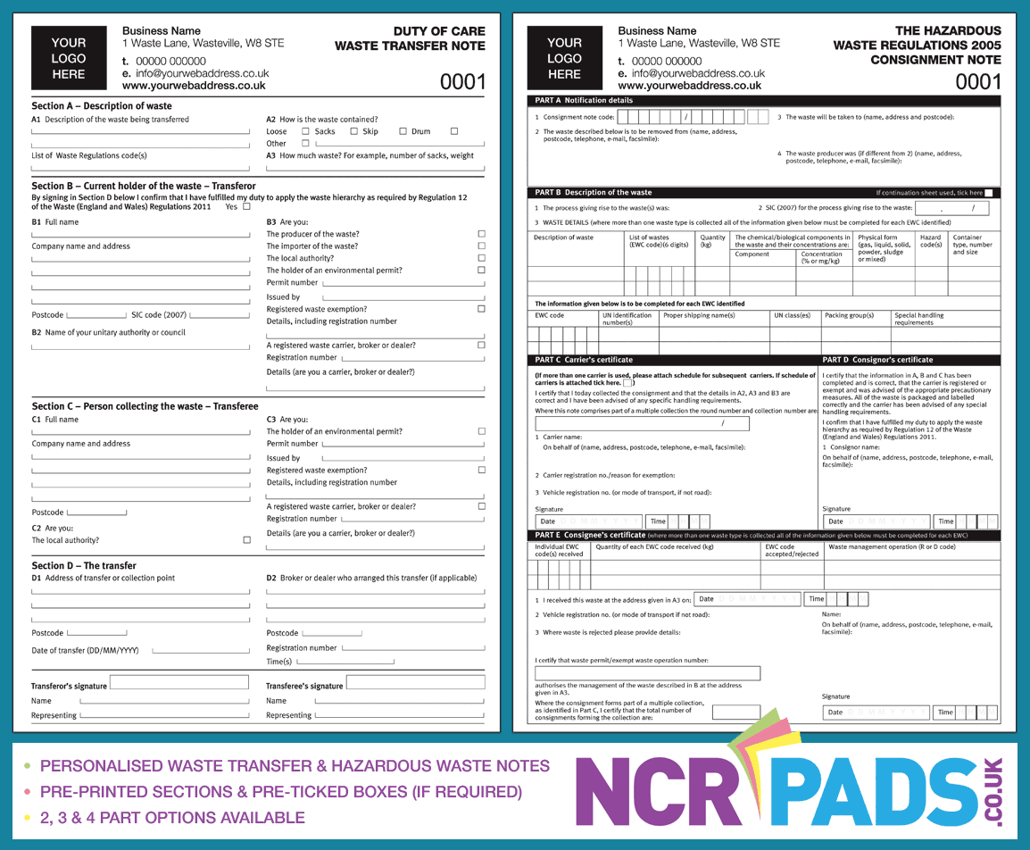 Duty of Care Waste Transfer Notes & Hazardous Waste Consignment Notes ...